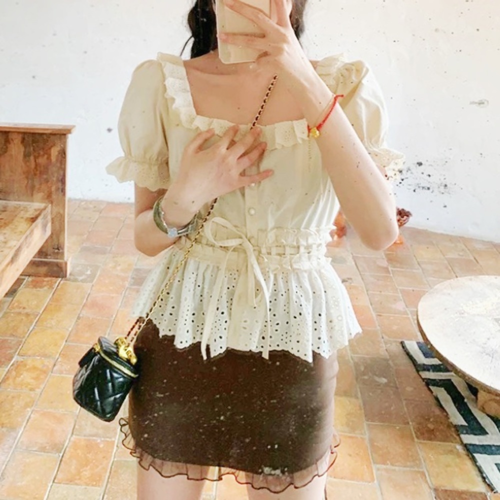 Cream Beige Kawaii Himekaji Gyaru Peplum Lace Princes… - Gem